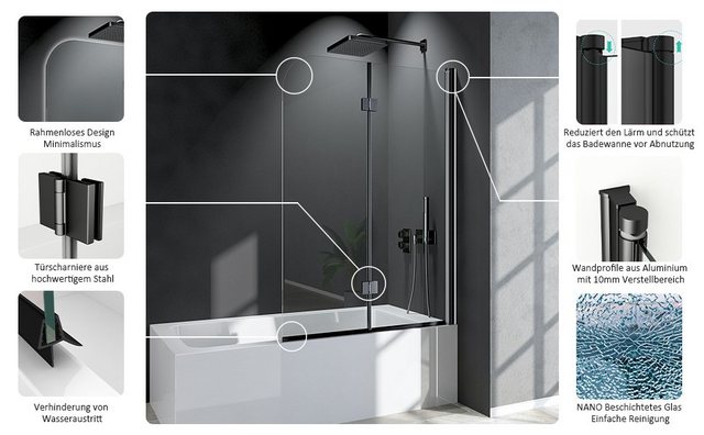 Boromal Badewannenaufsatz Duschwand Faltbar für Badewanne 120cm Schwarz ... Boromal Badewannenaufsatz Duschwand Faltbar für Badewanne 120cm Schwarz ...